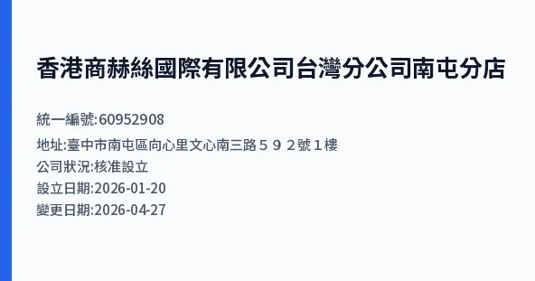 香港商赫絲國際有限公司台灣分公司南屯分店的照片-統編 60952908(臺中市) 公司登記資料與營業項目詳細圖表