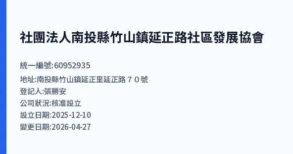 社團法人南投縣竹山鎮延正路社區發展協會的照片-統編 60952935(南投縣) 公司登記資料與營業項目詳細圖表