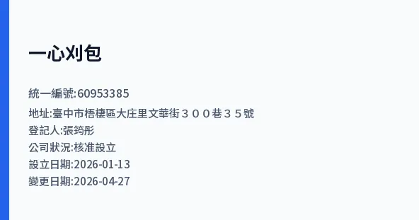 一心刈包的照片-統編 60953385(臺中市) 公司登記資料與營業項目詳細圖表