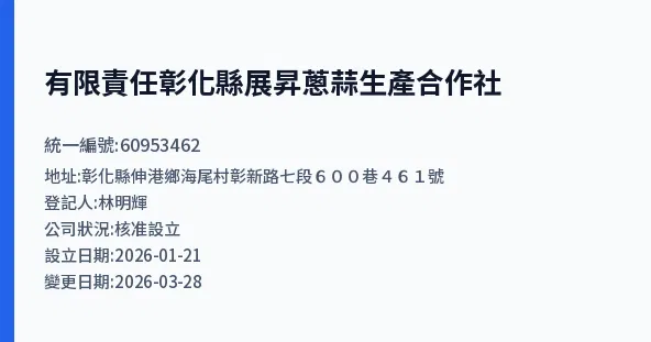 有限責任彰化縣展昇蔥蒜生產合作社的照片-統編 60953462(彰化縣) 公司登記資料與營業項目詳細圖表