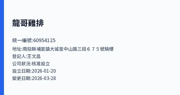 龍哥雞排的照片-統編 60954125(南投縣) 公司登記資料與營業項目詳細圖表