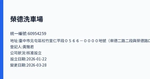 榮德洗車場的照片-統編 60954259(臺中市) 公司登記資料與營業項目詳細圖表