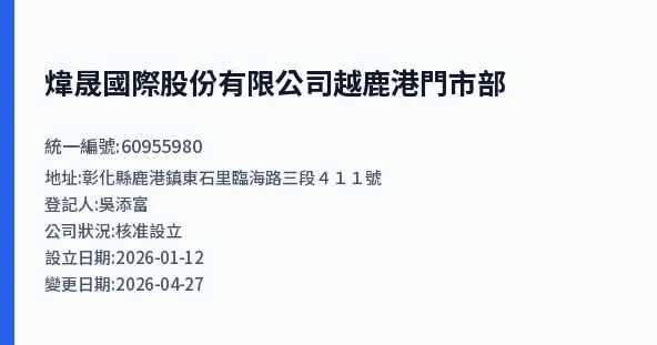 煒晟國際股份有限公司越鹿港門市部的照片-統編 60955980(彰化縣) 公司登記資料與營業項目詳細圖表