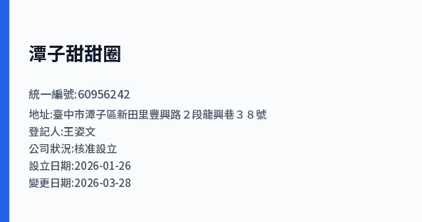 潭子甜甜圈的照片-統編 60956242(臺中市) 公司登記資料與營業項目詳細圖表