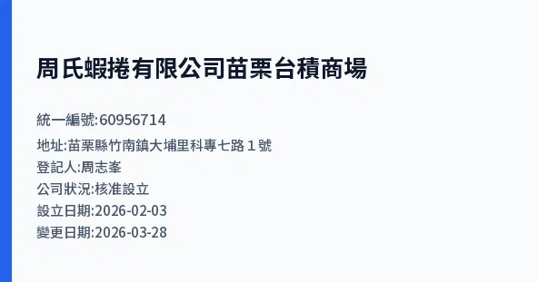 周氏蝦捲有限公司苗栗台積商場的照片-統編 60956714(苗栗縣) 公司登記資料與營業項目詳細圖表