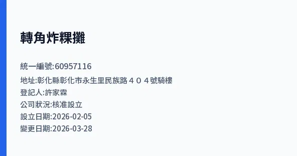 轉角炸粿攤的照片-統編 60957116(彰化縣) 公司登記資料與營業項目詳細圖表