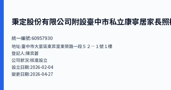 秉定股份有限公司附設臺中市私立康寧居家長照機構的照片-統編 60957930(臺中市) 公司登記資料與營業項目詳細圖表