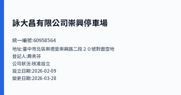 詠大昌有限公司崇興停車場的照片-統編 60958564(臺中市) 公司登記資料與營業項目詳細圖表