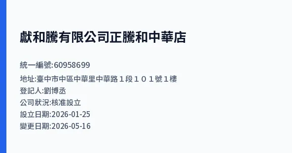 獻和騰有限公司正騰和中華店的照片-統編 60958699(臺中市) 公司登記資料與營業項目詳細圖表