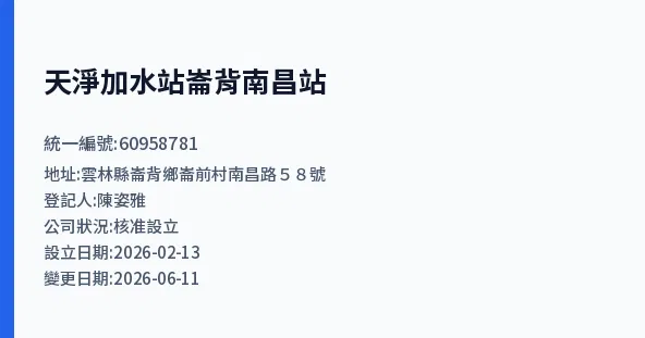 天淨加水站崙背南昌站的照片-統編 60958781(雲林縣) 公司登記資料與營業項目詳細圖表
