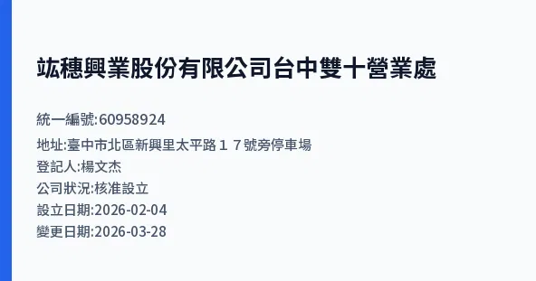 竑穗興業股份有限公司台中雙十營業處的照片-統編 60958924(臺中市) 公司登記資料與營業項目詳細圖表