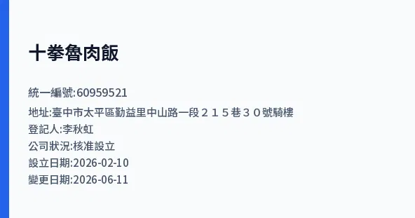 十拳魯肉飯的照片-統編 60959521(臺中市) 公司登記資料與營業項目詳細圖表