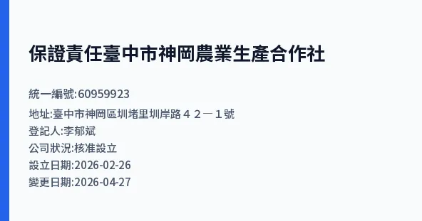保證責任臺中市神岡農業生產合作社的照片-統編 60959923(臺中市) 公司登記資料與營業項目詳細圖表