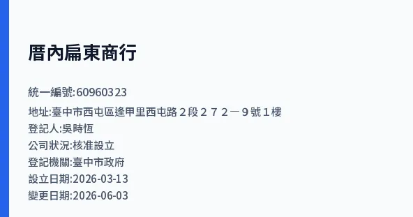 厝內扁東商行的照片-統編 60960323(臺中市) 公司登記資料與營業項目詳細圖表