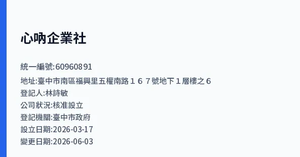 心吶企業社的照片-統編 60960891(臺中市) 公司登記資料與營業項目詳細圖表
