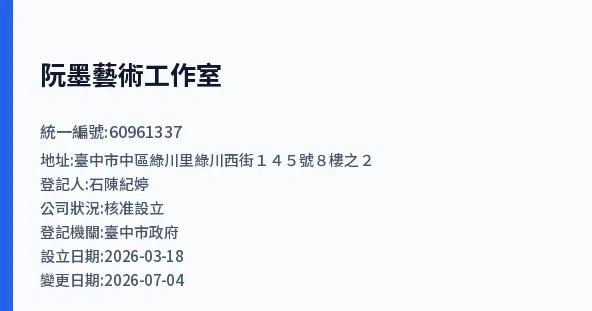阮墨藝術工作室的照片-統編 60961337(臺中市) 公司登記資料與營業項目詳細圖表
