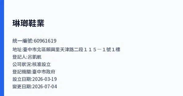 琳瑯鞋業的照片-統編 60961619(臺中市) 公司登記資料與營業項目詳細圖表