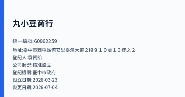 丸小豆商行的照片-統編 60962259(臺中市) 公司登記資料與營業項目詳細圖表