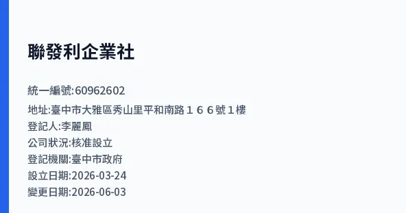 聯發利企業社的照片-統編 60962602(臺中市) 公司登記資料與營業項目詳細圖表