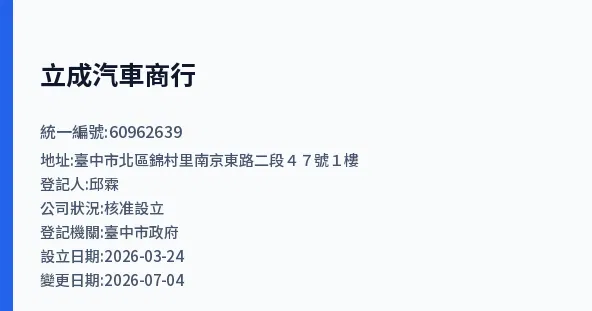 立成汽車商行的照片-統編 60962639(臺中市) 公司登記資料與營業項目詳細圖表