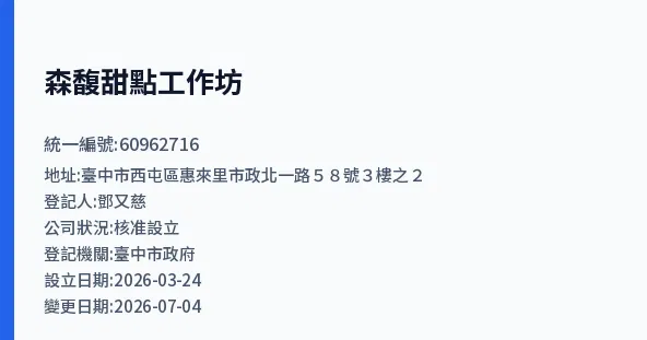 森馥甜點工作坊的照片-統編 60962716(臺中市) 公司登記資料與營業項目詳細圖表