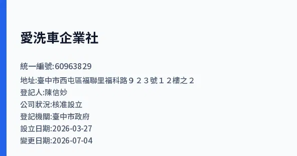 愛洗車企業社的照片-統編 60963829(臺中市) 公司登記資料與營業項目詳細圖表