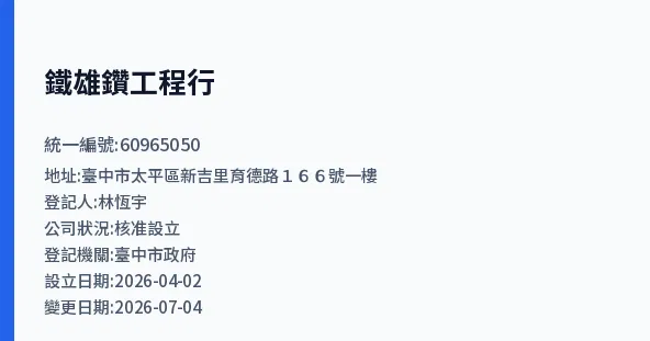 鐵雄鑽工程行的照片-統編 60965050(臺中市) 公司登記資料與營業項目詳細圖表