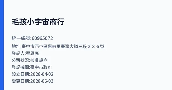 毛孩小宇宙商行的照片-統編 60965072(臺中市) 公司登記資料與營業項目詳細圖表