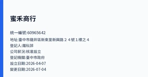 蜜禾商行的照片-統編 60965642 公司登記資料與營業項目詳細圖表