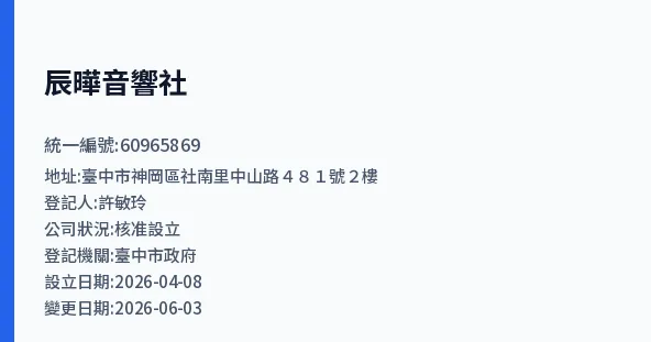 辰曄音響社的照片-統編 60965869(臺中市) 公司登記資料與營業項目詳細圖表