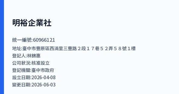 明裕企業社的照片-統編 60966121(臺中市) 公司登記資料與營業項目詳細圖表