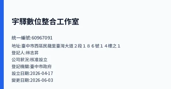 宇驛數位整合工作室的照片-統編 60967091(臺中市) 公司登記資料與營業項目詳細圖表