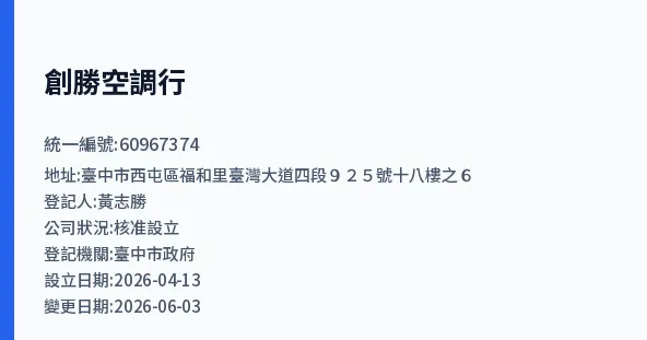 創勝空調行的照片-統編 60967374(臺中市) 公司登記資料與營業項目詳細圖表