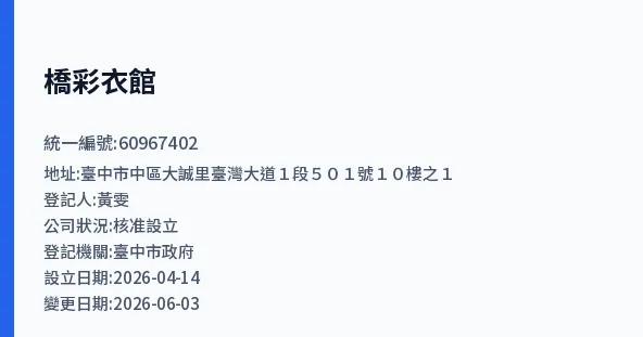 橋彩衣館的照片-統編 60967402 公司登記資料與營業項目詳細圖表