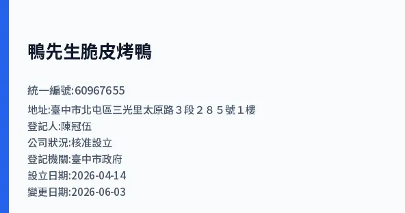 鴨先生脆皮烤鴨的照片-統編 60967655(臺中市) 公司登記資料與營業項目詳細圖表