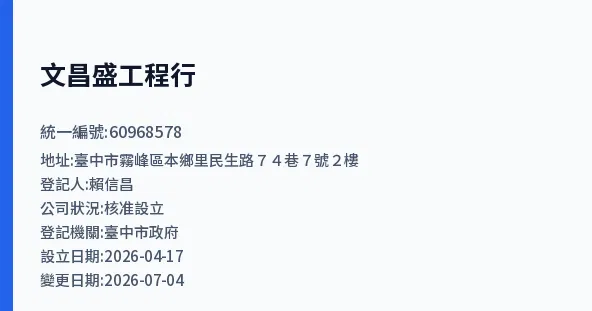 文昌盛工程行的照片-統編 60968578(臺中市) 公司登記資料與營業項目詳細圖表