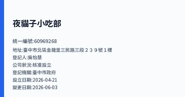 夜貓子小吃部的照片-統編 60969268 公司登記資料與營業項目詳細圖表