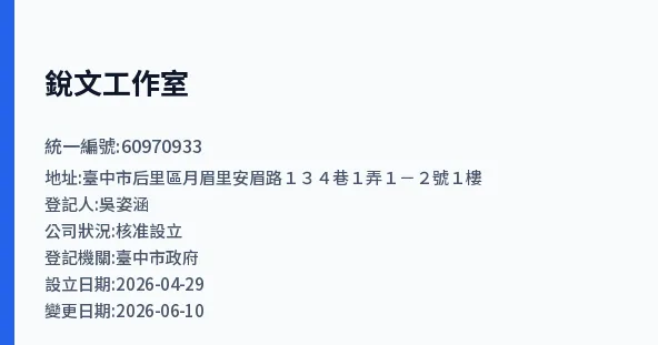 銳文工作室的照片-統編 60970933 公司登記資料與營業項目詳細圖表