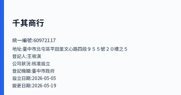 千其商行的照片-統編 60972117(臺中市) 公司登記資料與營業項目詳細圖表