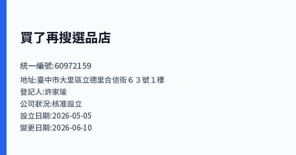 買了再搜選品店的照片-統編 60972159 公司登記資料與營業項目詳細圖表