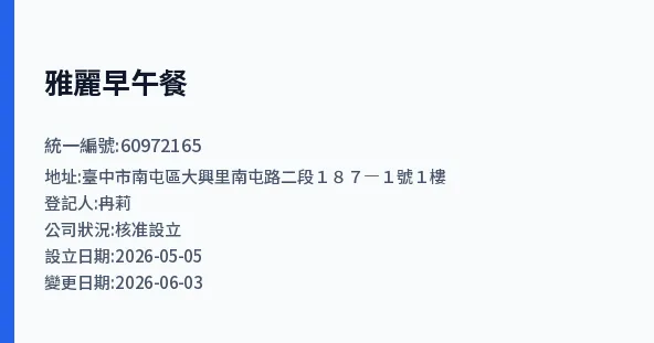 雅麗早午餐的照片-統編 60972165(臺中市) 公司登記資料與營業項目詳細圖表