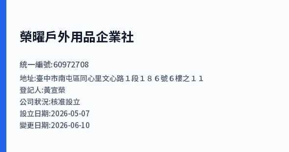 榮曜戶外用品企業社的照片-統編 60972708(臺中市) 公司登記資料與營業項目詳細圖表