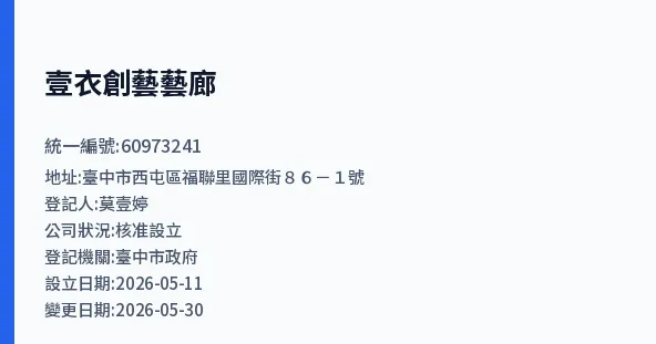 壹衣創藝藝廊的照片-統編 60973241(臺中市) 公司登記資料與營業項目詳細圖表