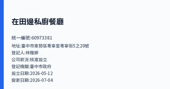 在田邊私廚餐廳的照片-統編 60973381(臺中市) 公司登記資料與營業項目詳細圖表