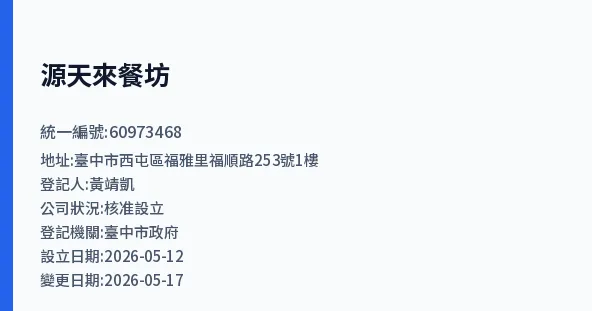 源天來餐坊的照片-統編 60973468(臺中市) 公司登記資料與營業項目詳細圖表