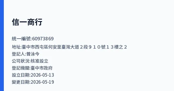 信一商行的照片-統編 60973869(臺中市) 公司登記資料與營業項目詳細圖表