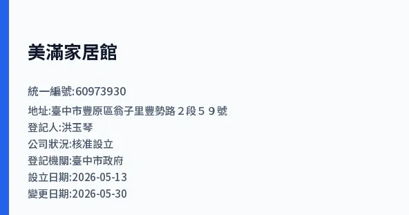 美滿家居館的照片-統編 60973930(臺中市) 公司登記資料與營業項目詳細圖表