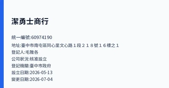 潔勇士商行的照片-統編 60974190(臺中市) 公司登記資料與營業項目詳細圖表