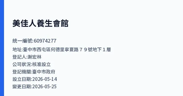 美佳人養生會館的照片-統編 60974277(臺中市) 公司登記資料與營業項目詳細圖表