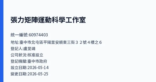 張力矩陣運動科學工作室的照片-統編 60974403(臺中市) 公司登記資料與營業項目詳細圖表